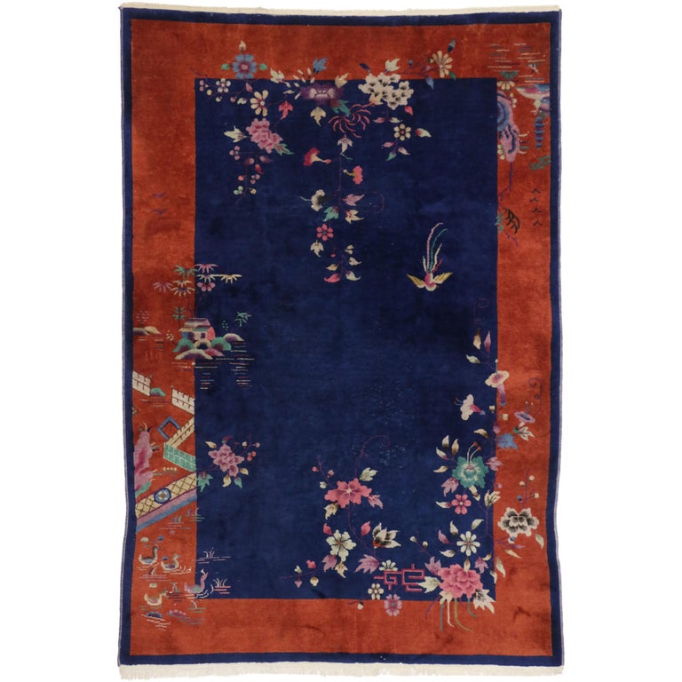 Antique Chinese Art Deco Style Rug, Chinoiserie Chic Modern Asian Area ...