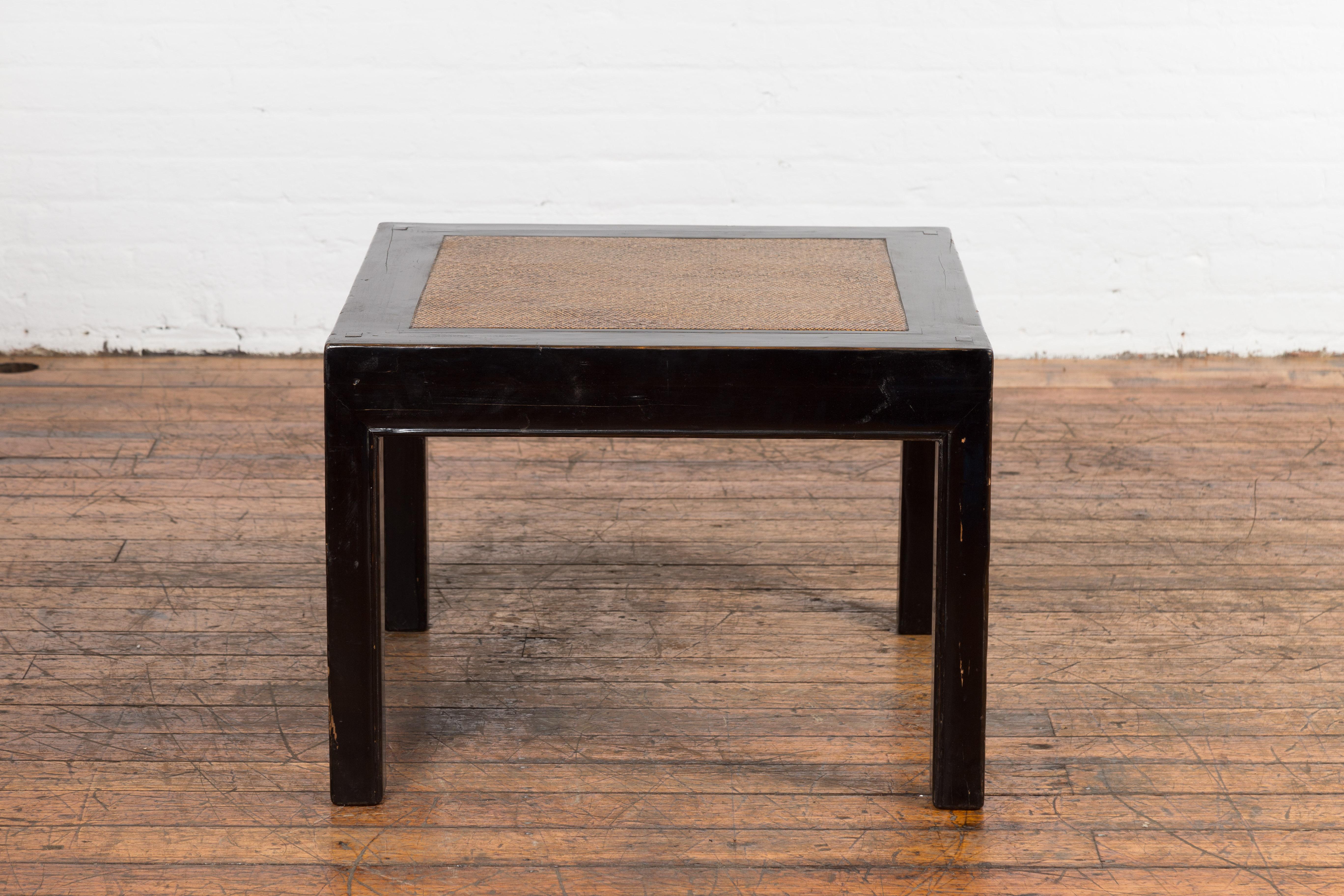 Antique Chinese Black Lacquer Square Low Side Table with Woven Rattan ...