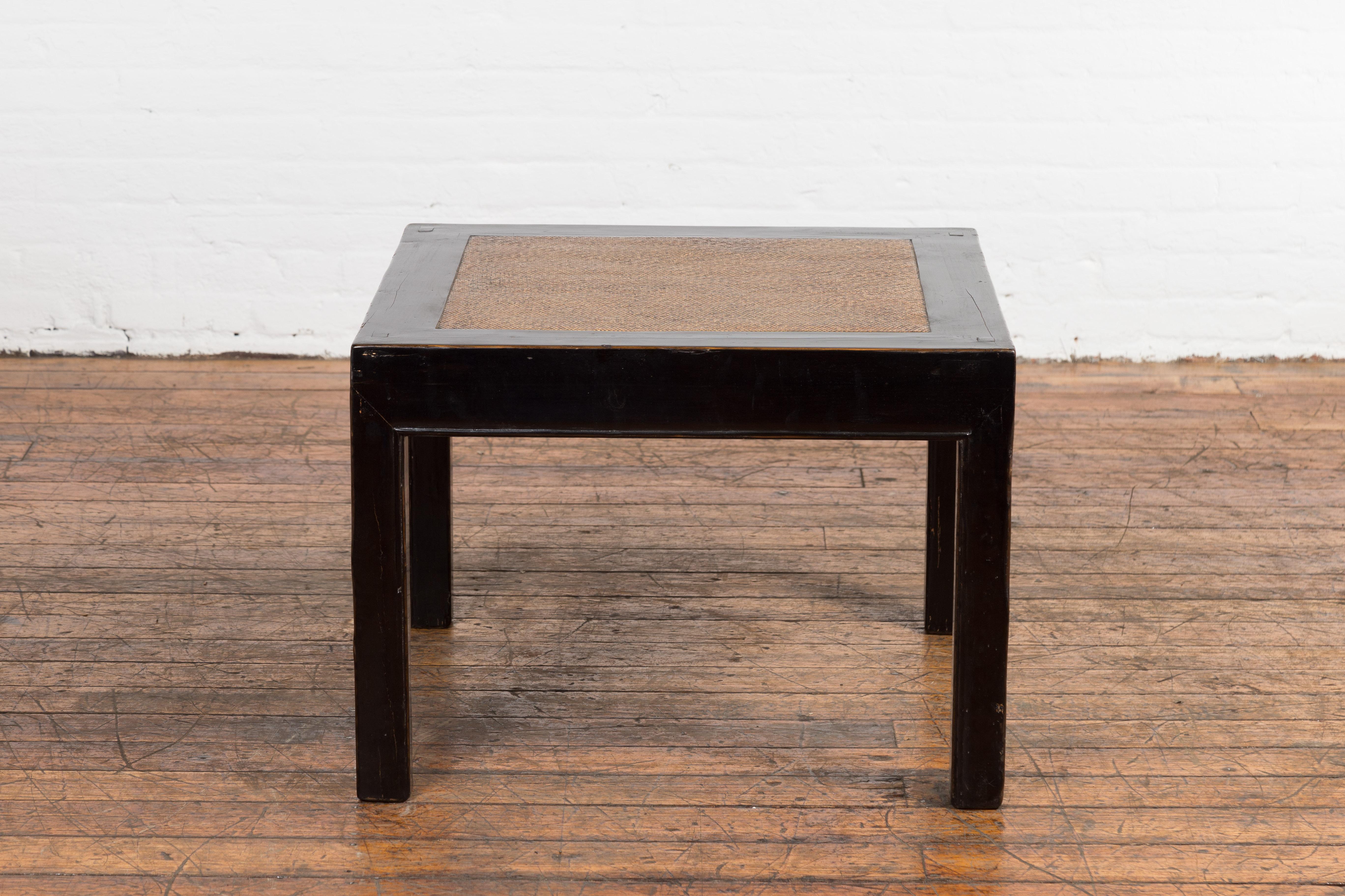 Antique Chinese Black Lacquer Square Low Side Table with Woven Rattan ...