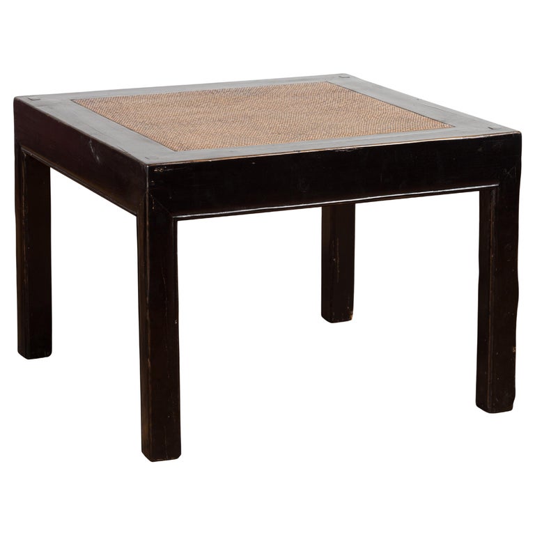 Antique Chinese Black Lacquer Square Low Side Table with Woven Rattan ...