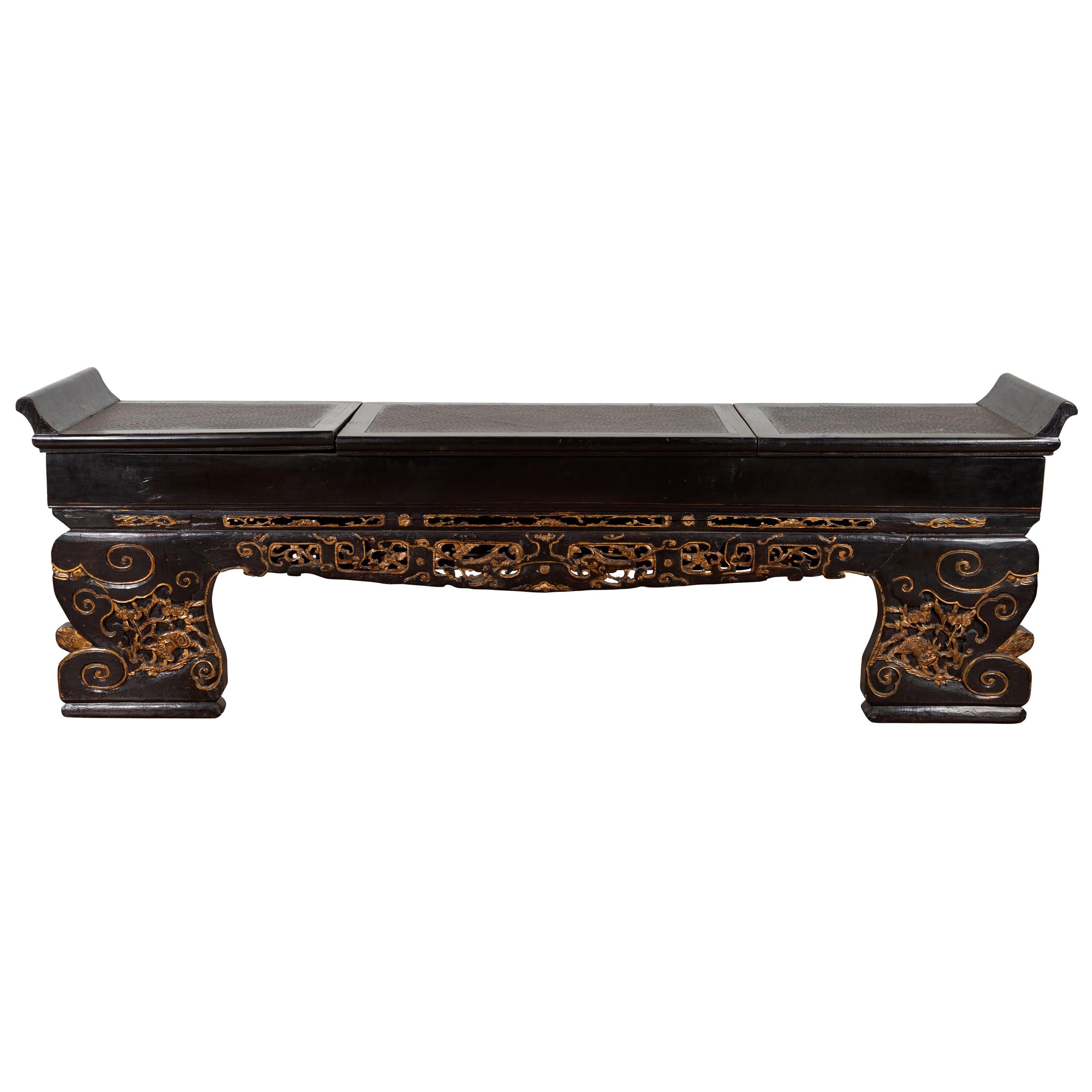 Antique Chinese Black Lacquered Bench with Hidden Storage and Gilt ...