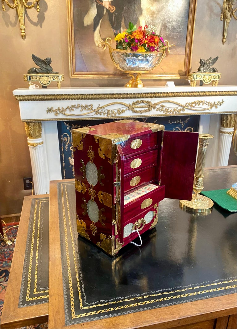 Antique Chinese Brass-Mounted Red Lacquer Mahjong Set with Jade Inlay ...