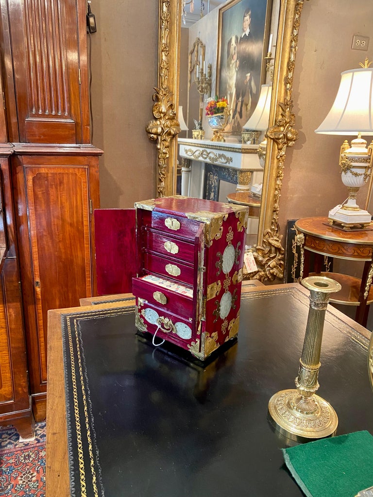 Antique Chinese Brass-Mounted Red Lacquer Mahjong Set with Jade Inlay ...