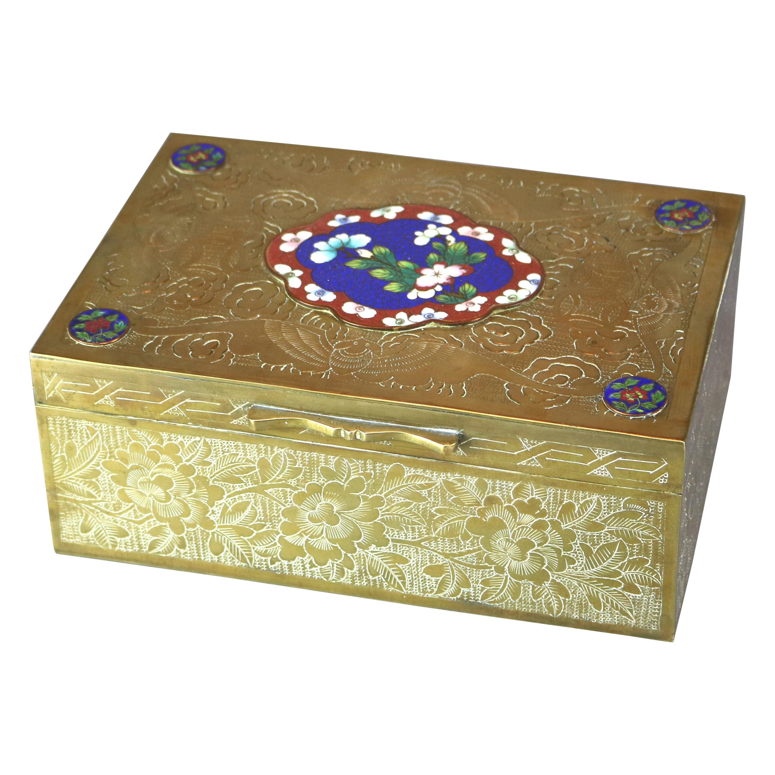 Antique Chinese Bronzed and Brass Box with Enameled Floral Cloisonné ...