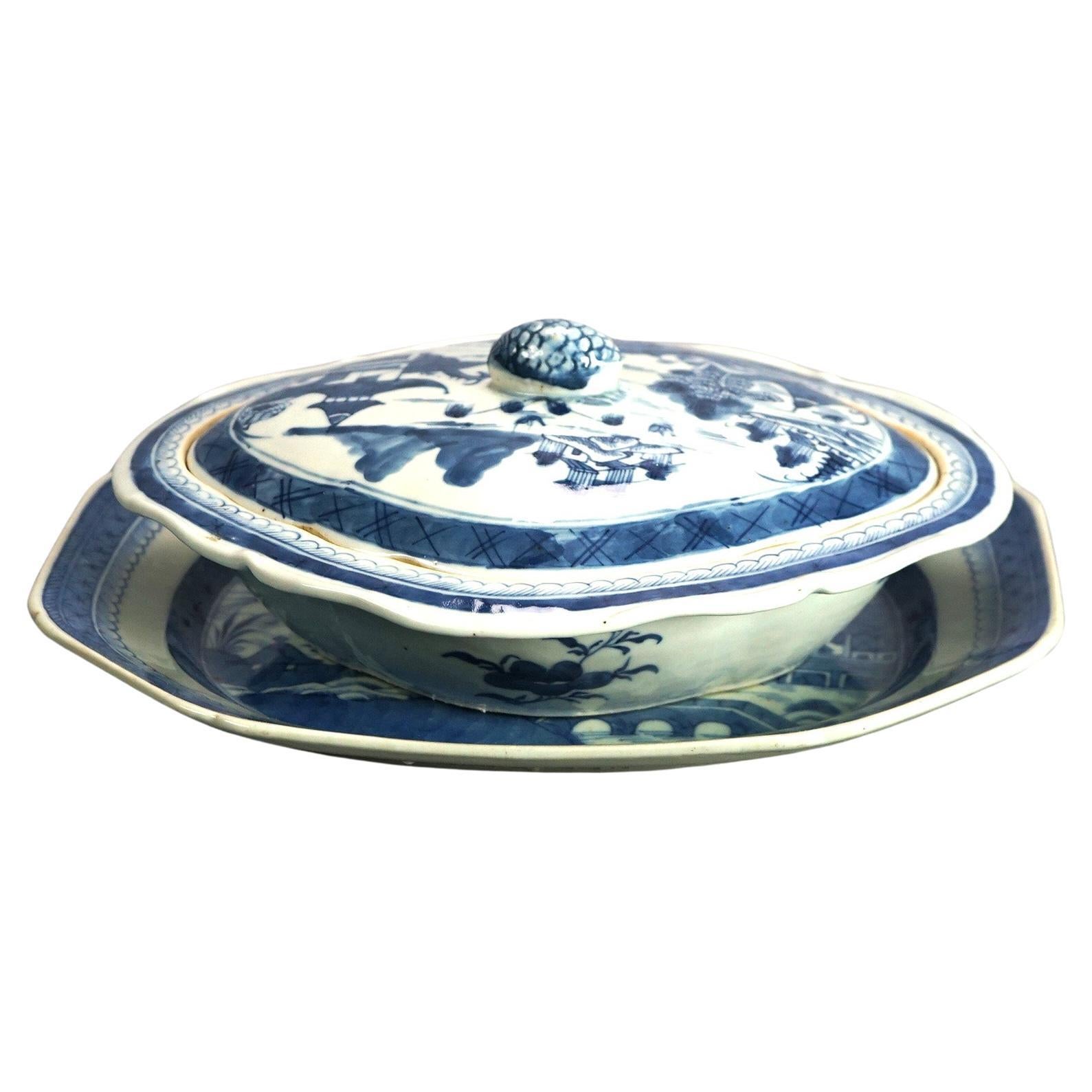 Antique Chinese Canton Blue and White Porcelain Covered Dish and ...