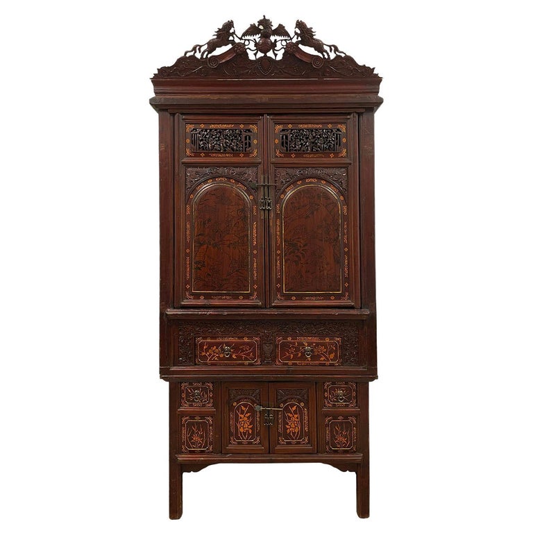 Antique Chinese Carved and Painted Wedding Armoire/Wardrobe at 1stDibs