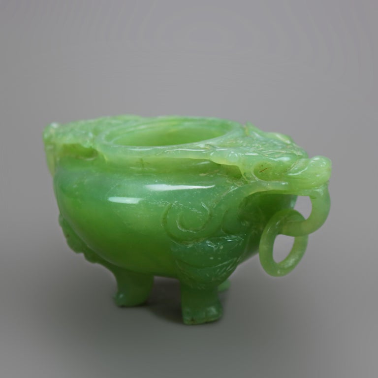 Antique Chinese Carved Green Jade Figural and Footed Dragon Censor ...