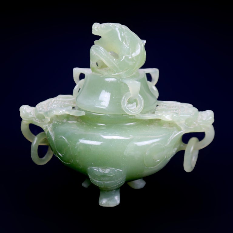 Antique Chinese Carved Green Jade Figural and Footed Dragon Censor ...
