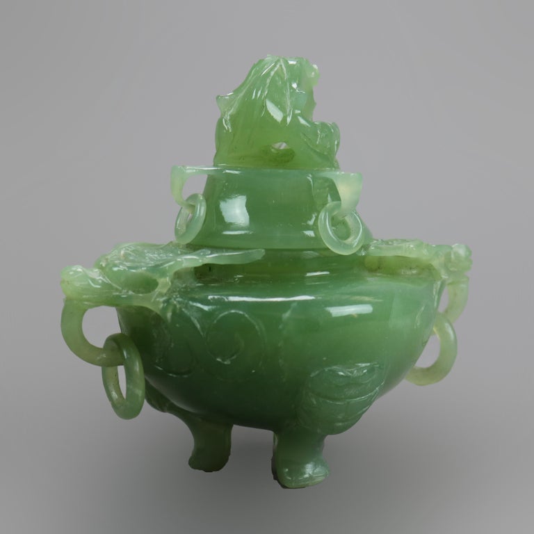 Antique Chinese Carved Green Jade Figural and Footed Dragon Censor ...