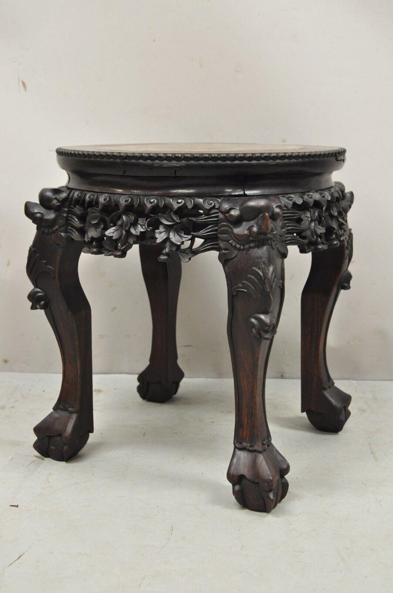 Antique Chinese Carved Hardwood Foo Dog Marble Top Plant Stand Side ...