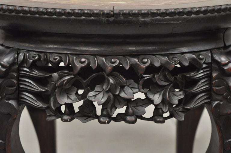 Antique Chinese Carved Hardwood Foo Dog Marble Top Plant Stand Side ...