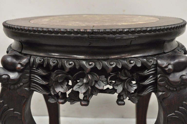 Antique Chinese Carved Hardwood Foo Dog Marble Top Plant Stand Side ...