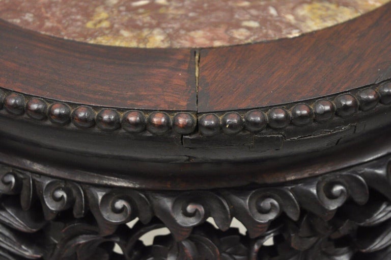 Antique Chinese Carved Hardwood Foo Dog Marble Top Plant Stand Side ...