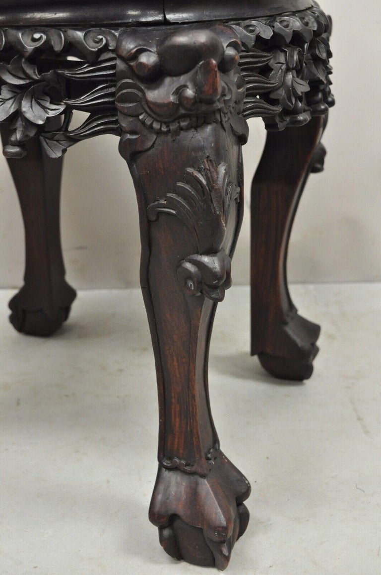 Antique Chinese Carved Hardwood Foo Dog Marble Top Plant Stand Side ...