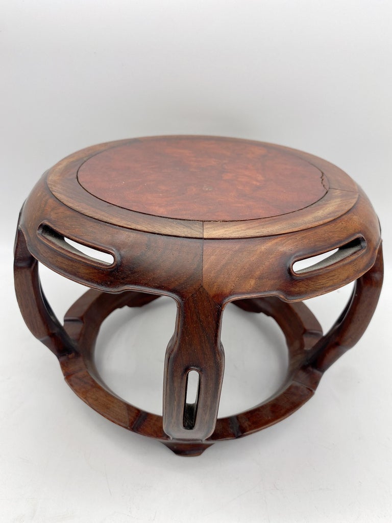 Antique Chinese Carved Hardwood Stand with Burl Top For Sale at 1stDibs