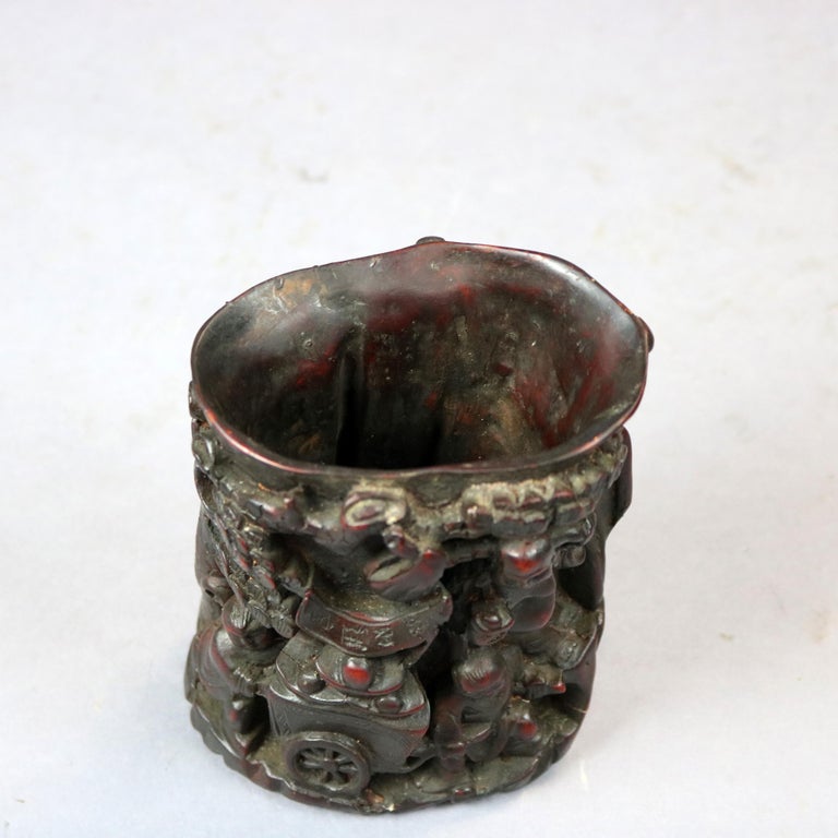 Antique Chinese Carved-In-Relief Resin Libation Cup, Genre Scene, 20th ...