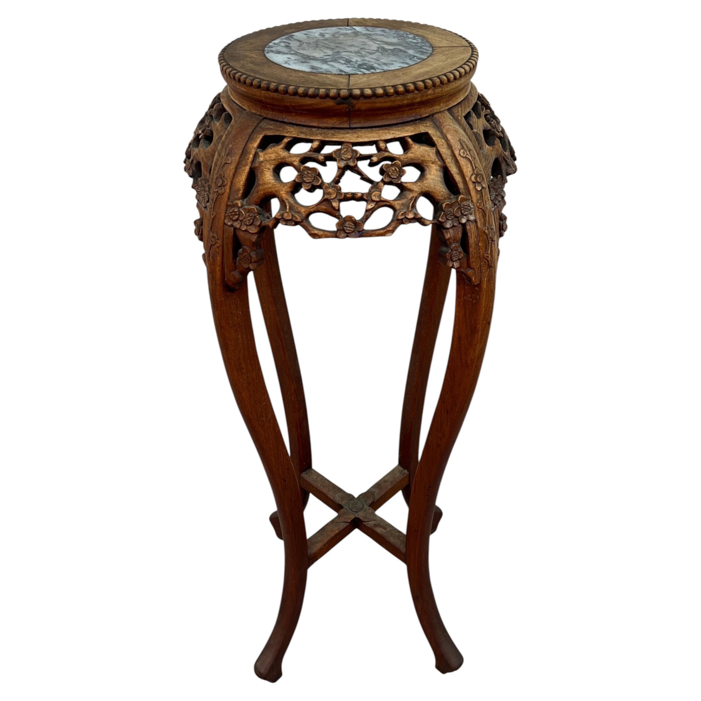 Chinese Marble Inset Carved Wood Pedestal Table For Sale at 1stDibs