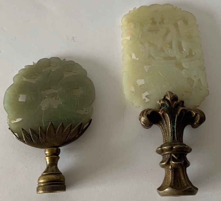 Antique Chinese Carved Jade and Brass Lamp Finial For Sale at 1stdibs