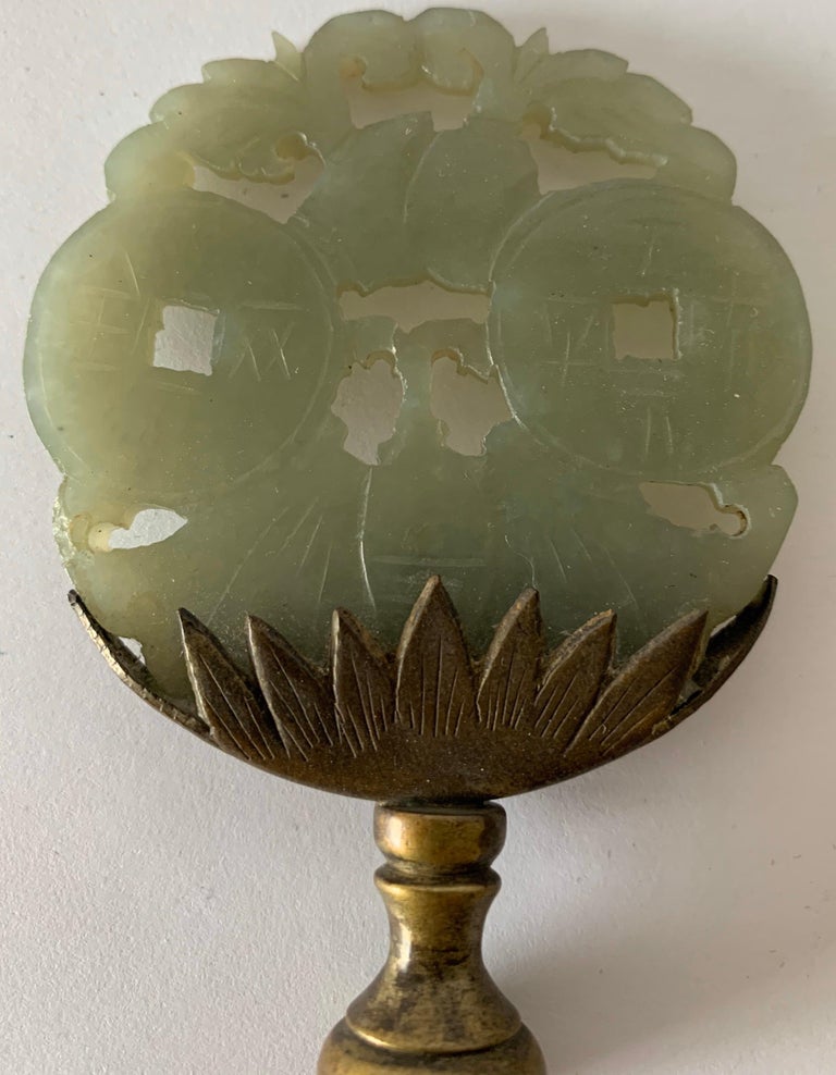 Antique Chinese Carved Jade and Brass Lamp Finial For Sale at 1stdibs