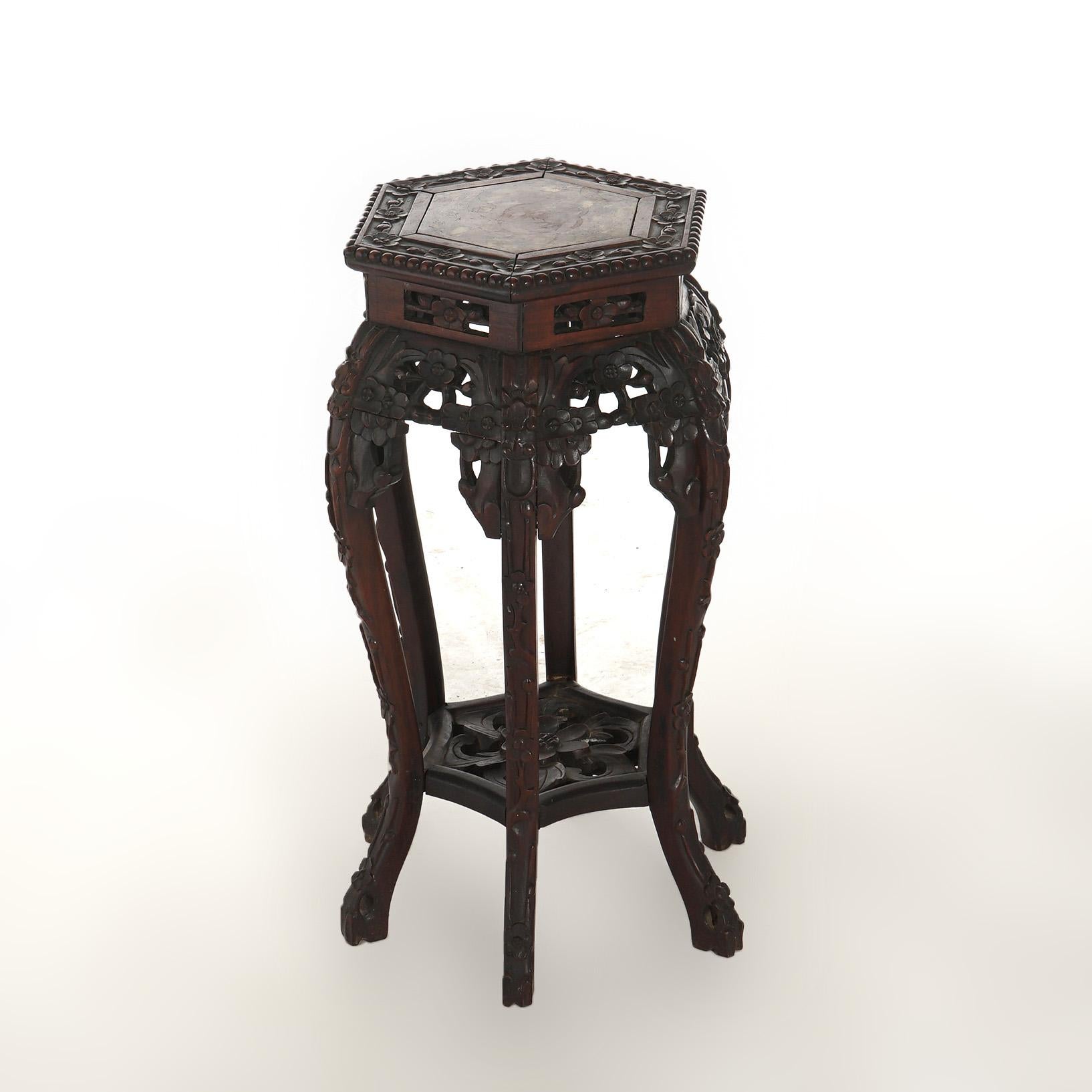 Antique Chinese Carved Rosewood Six-Legged Rouge Marble Top Plant Stand ...