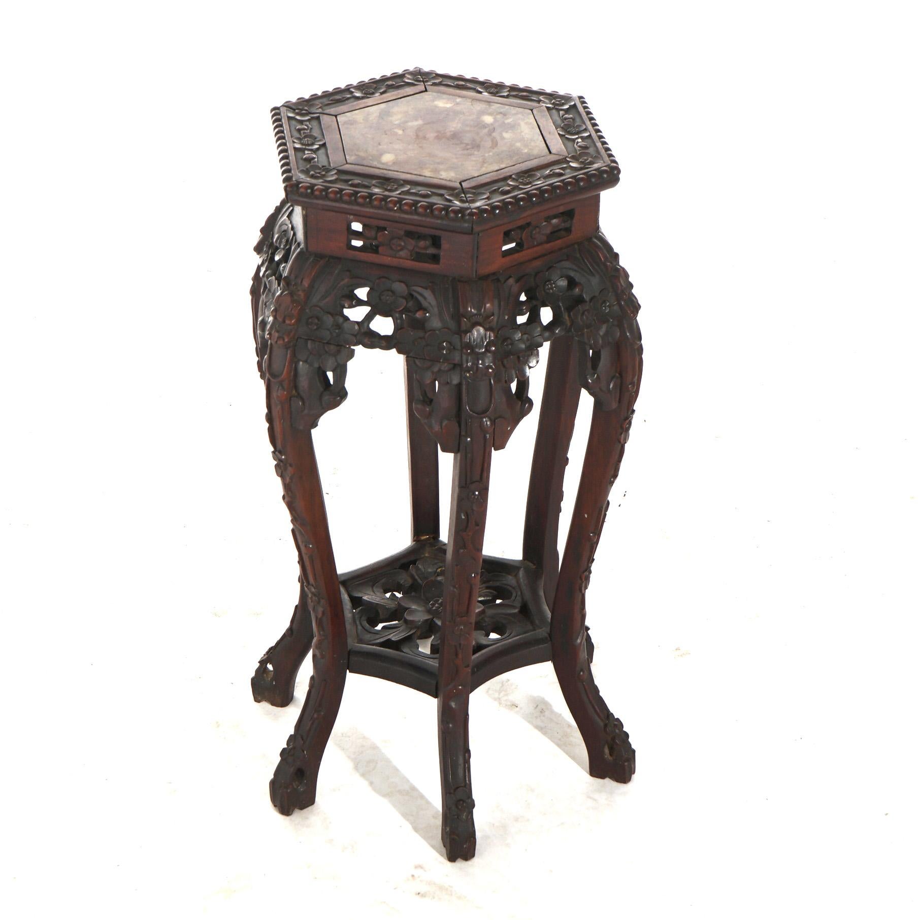 Antique Chinese Carved Rosewood Six-Legged Rouge Marble Top Plant Stand ...
