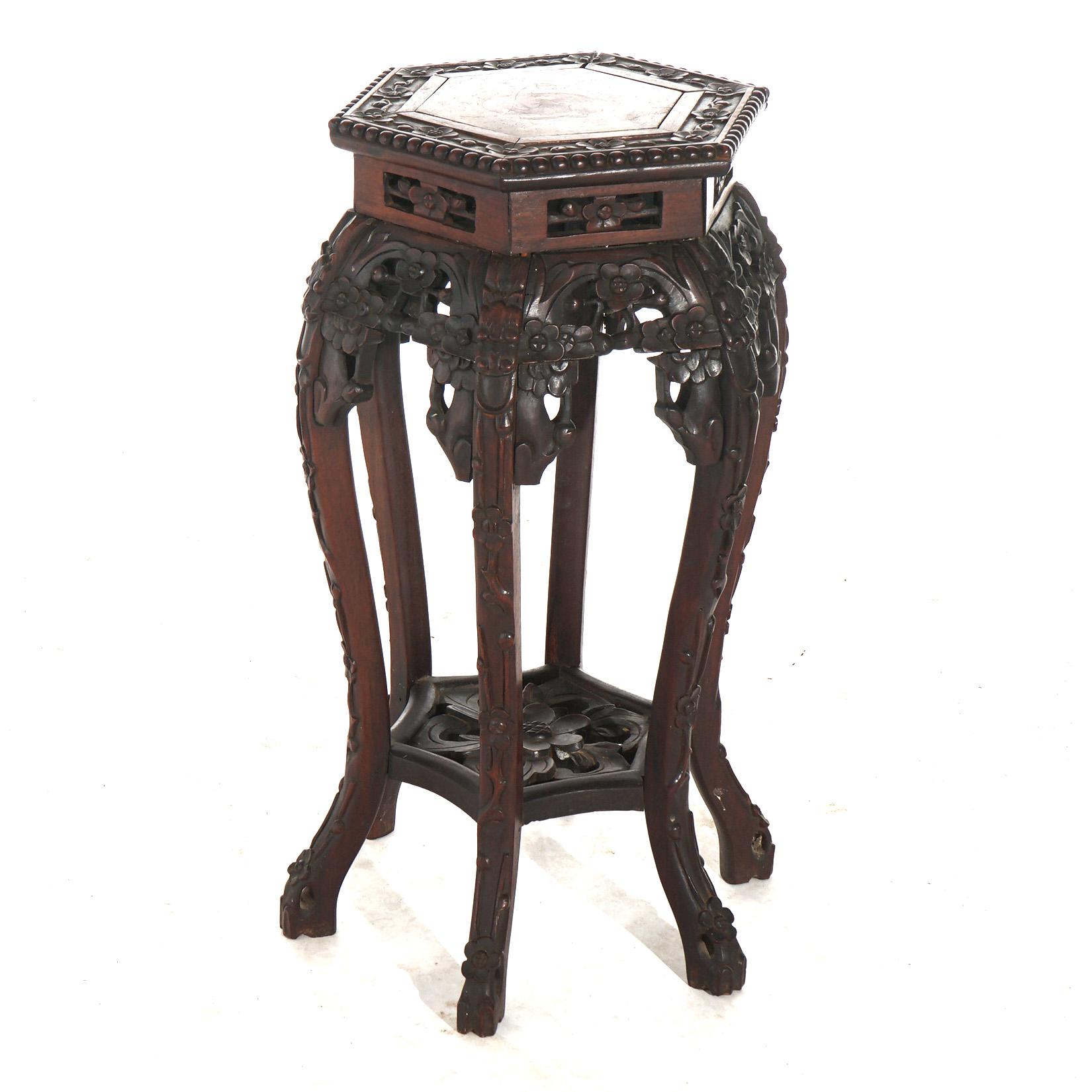 Antique Chinese Carved Rosewood Six-Legged Rouge Marble Top Plant Stand ...