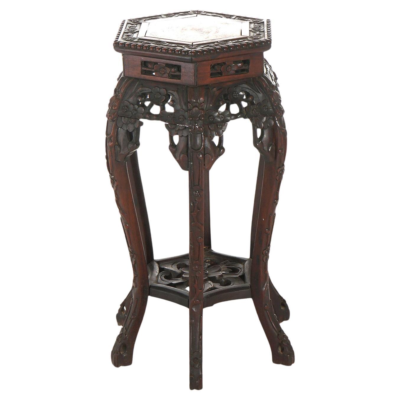 Antique Chinese Carved Rosewood Six-Legged Rouge Marble Top Plant Stand ...