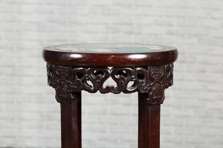Antique Chinese Carved Round Stand with Painted Floral and Bird Décor ...