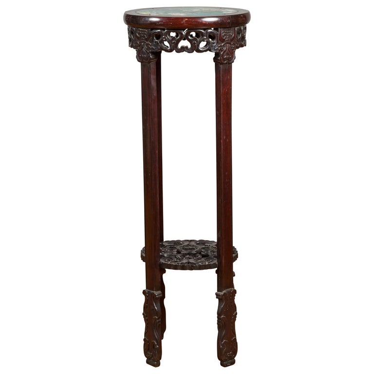 Antique Chinese Carved Round Stand with Painted Floral and Bird Décor ...