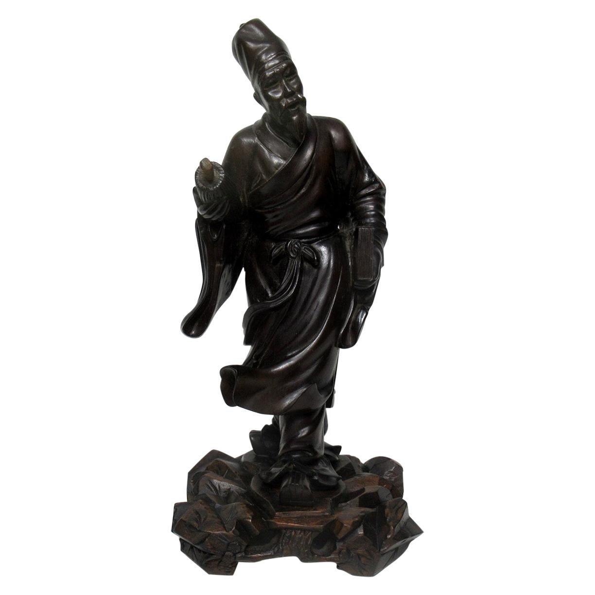 Antique Chinese Carved Wood Figure of Sage Immortal Male Guangxu Period ...