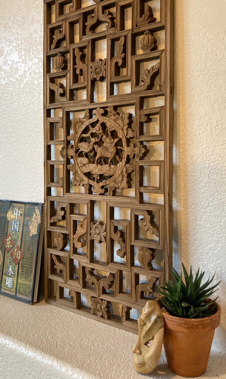 Antique Chinese Carved Wood Window Panel For Sale at 1stDibs