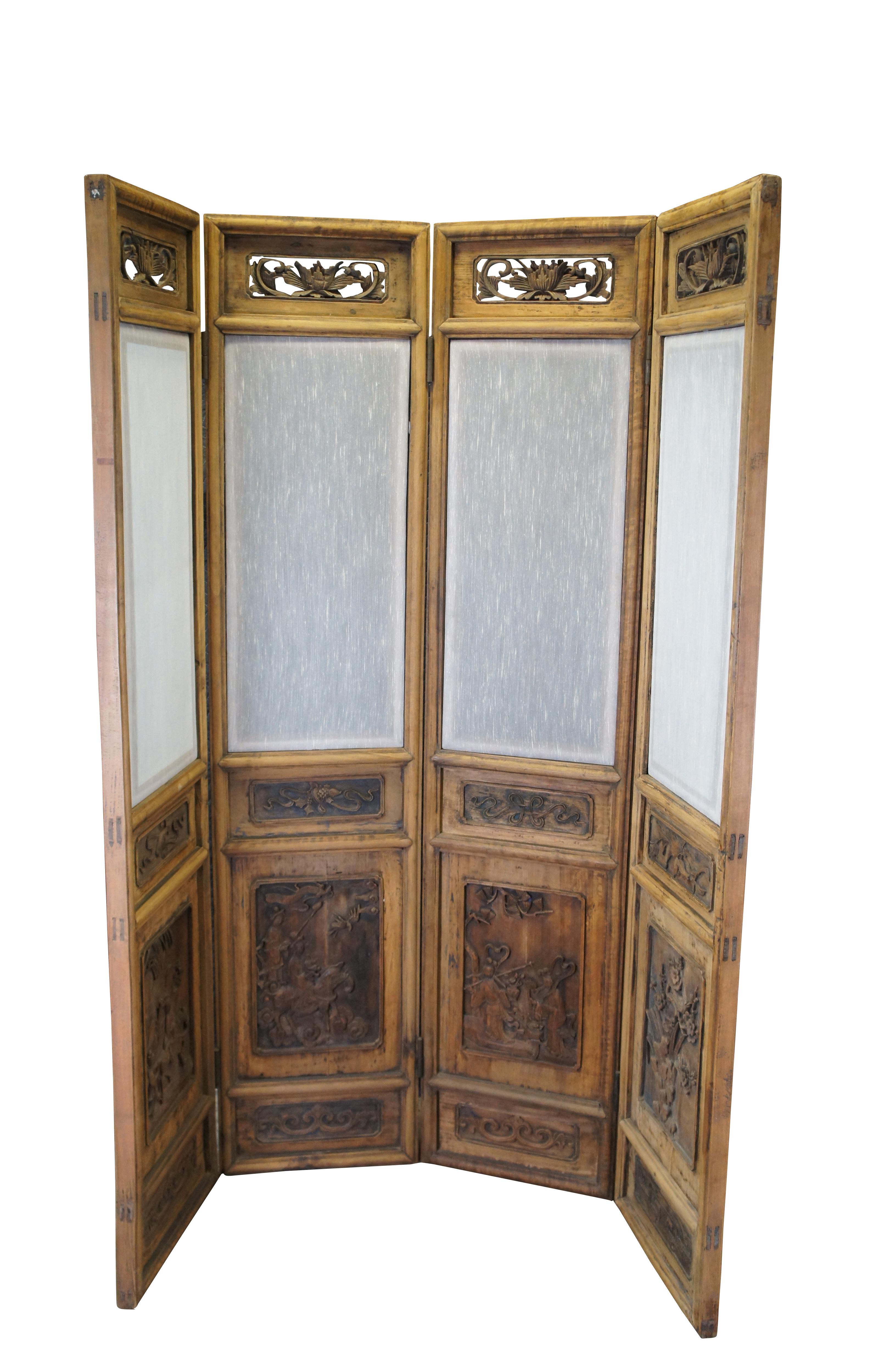 Antique Chinese Chinoiserie 4 Panel Carved Elm Room Divider Privacy ...