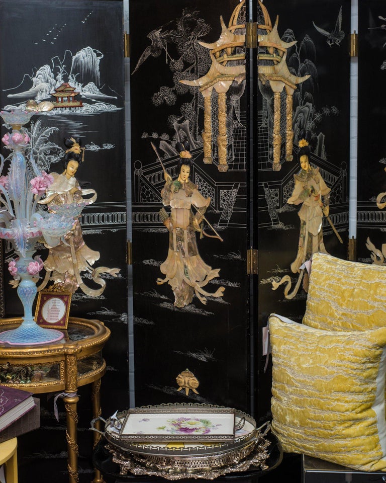 Antique Chinese Coromandel Black Lacquer Screen with White Mother of ...