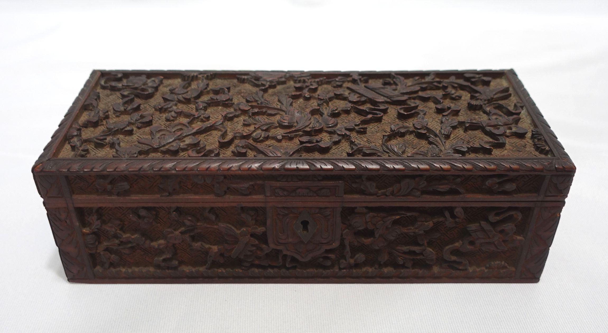 Antique Chinese Elaborately Relief Carved Glove Box W/ Original Hinges ...