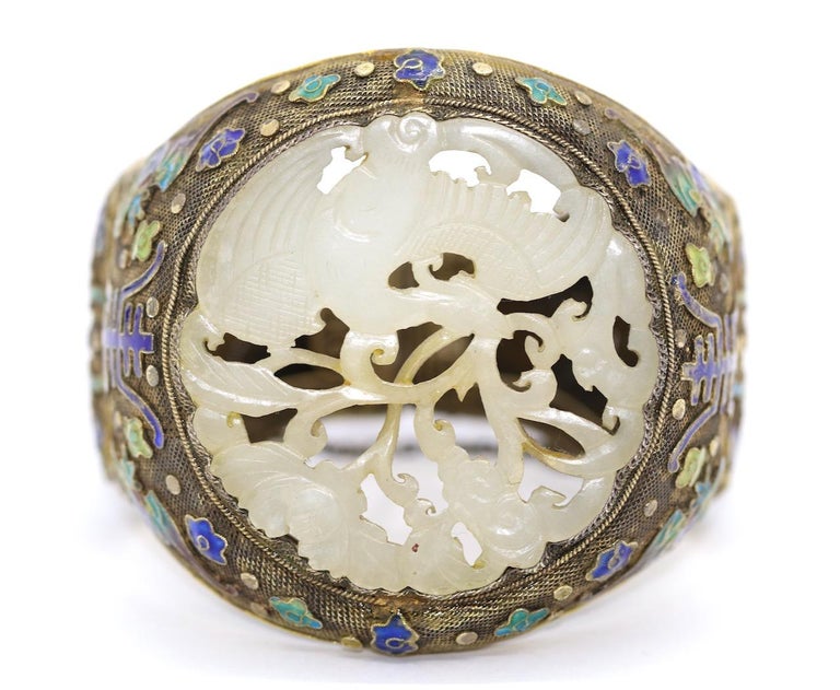 Antique Chinese Enamel Cloisonné Jade Silver Bangle Bracelet For Sale ...