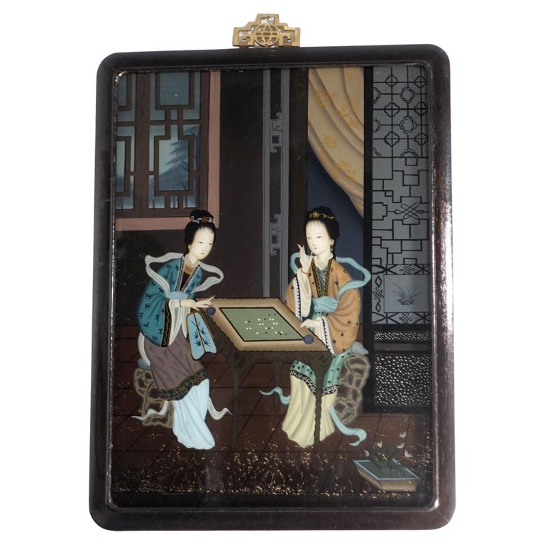 Antique Chinese Export Reverse Painting on Glass, Two Beauties For Sale ...