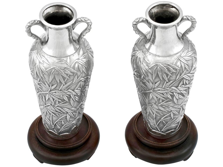 Antique Chinese Export Silver and Cherry Wood Vases For Sale at 1stDibs