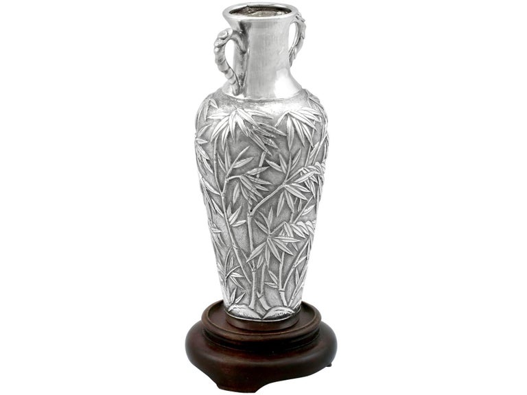 Antique Chinese Export Silver and Cherry Wood Vases For Sale at 1stDibs