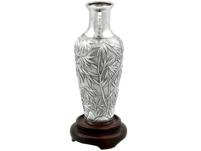 Antique Chinese Export Silver and Cherry Wood Vases For Sale at 1stDibs