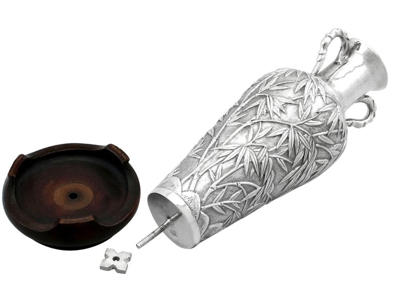 Antique Chinese Export Silver and Cherry Wood Vases For Sale at 1stDibs