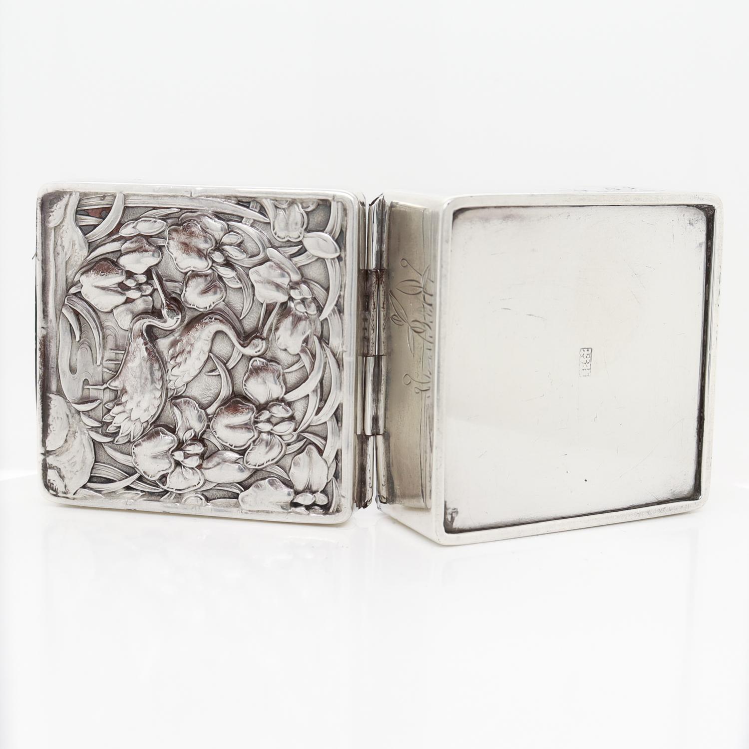 Antique Chinese Export Silver Repousse Box with Cranes in a River For ...