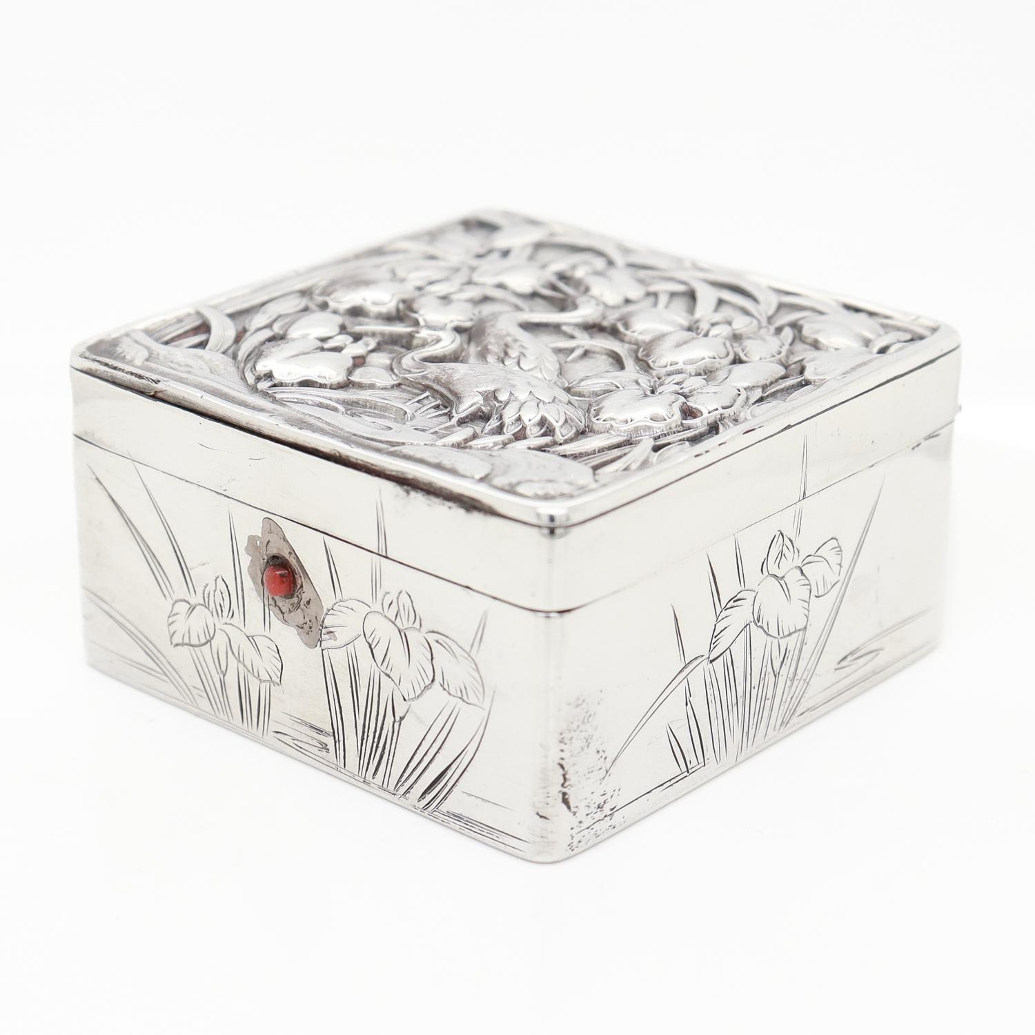 Antique Chinese Export Silver Repousse Box with Cranes in a River For ...