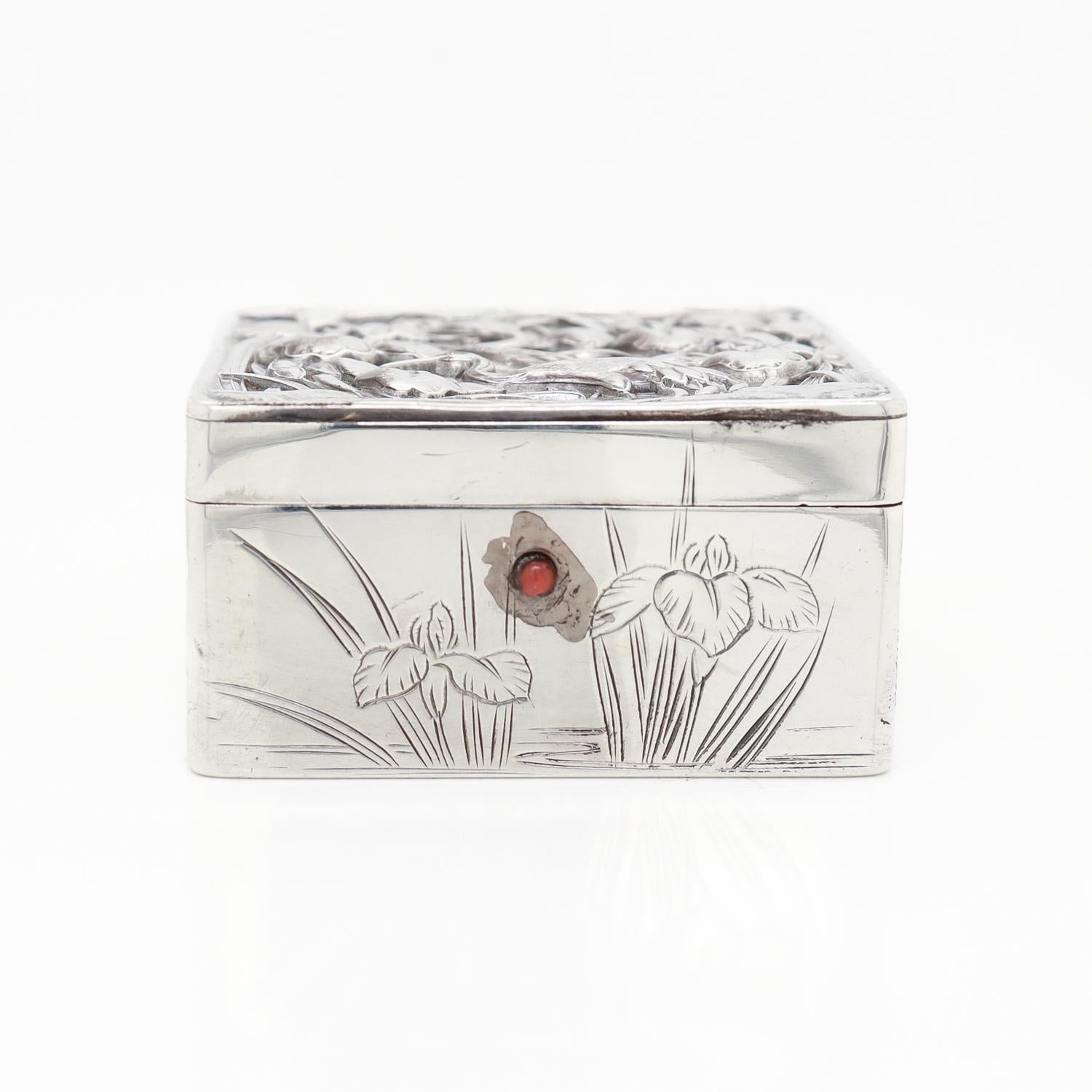 Antique Chinese Export Silver Repousse Box with Cranes in a River For ...