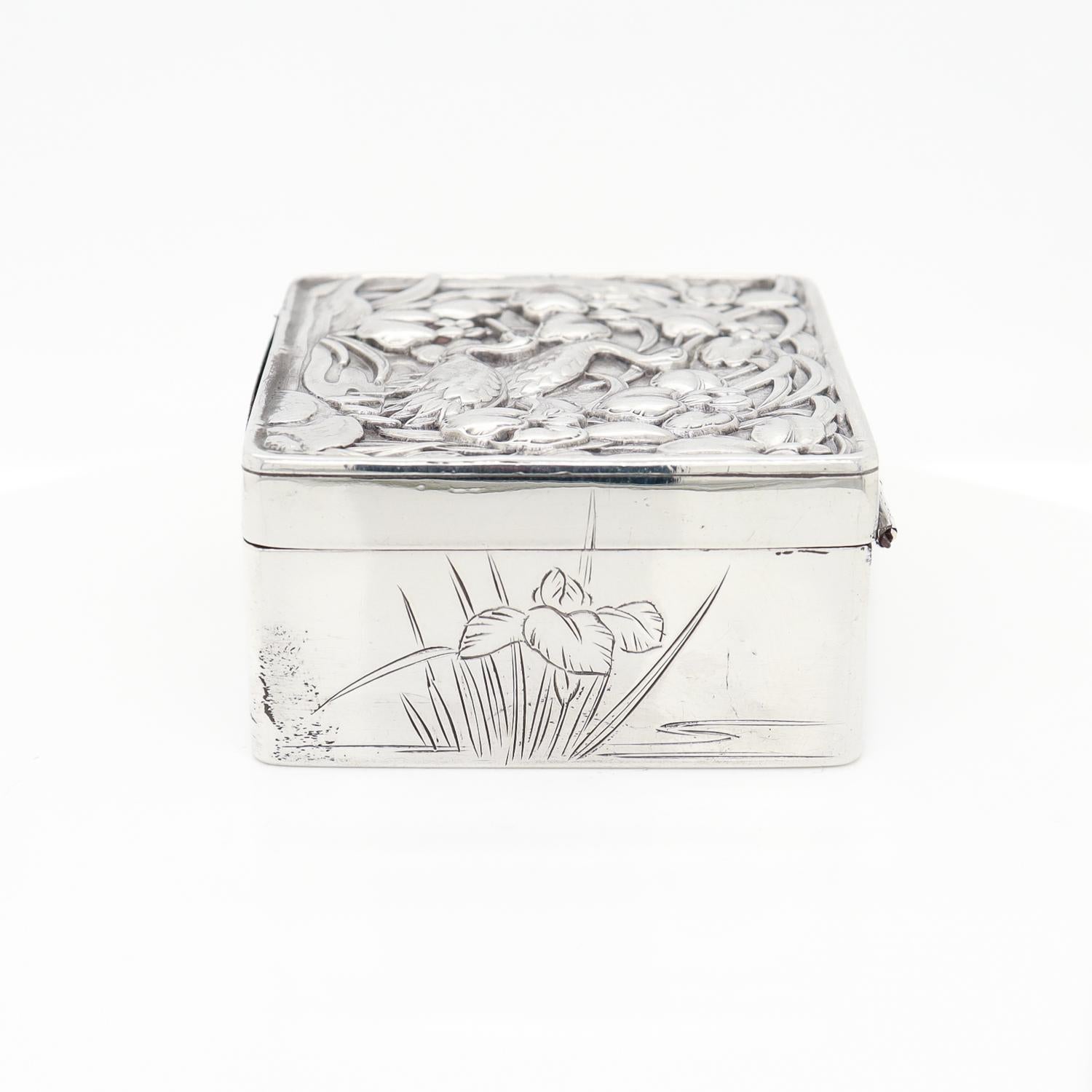 Antique Chinese Export Silver Repousse Box with Cranes in a River For ...