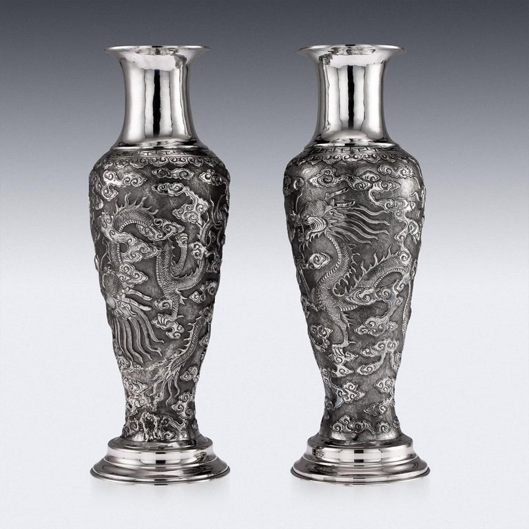 Antique Chinese Export Solid Silver Pair of Vases, Tuck Chang, circa ...