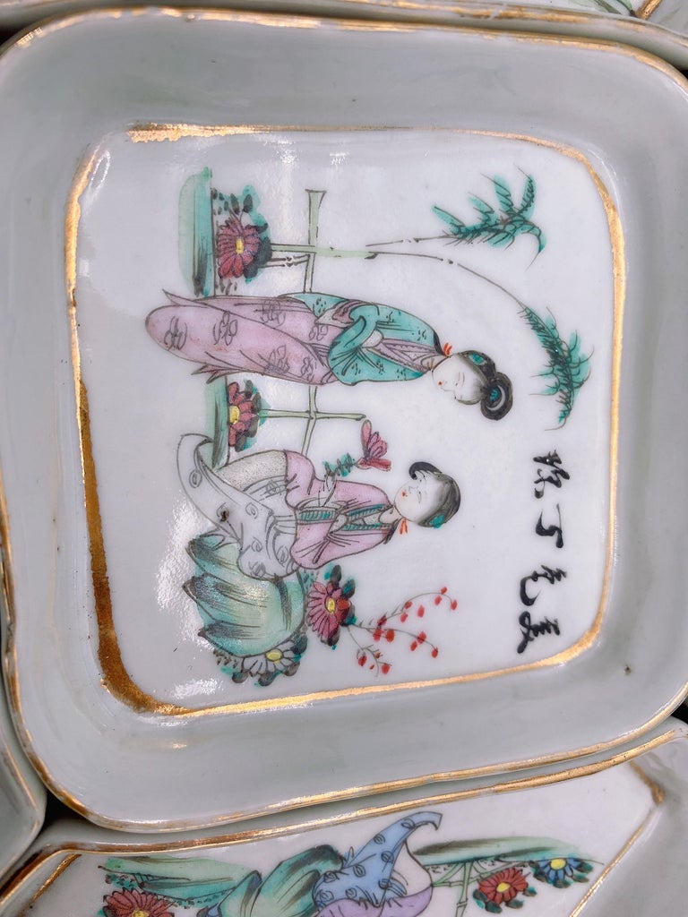 Antique Chinese Famille Rose Porcelain 9 Pc Dishes Set with Rosewood ...