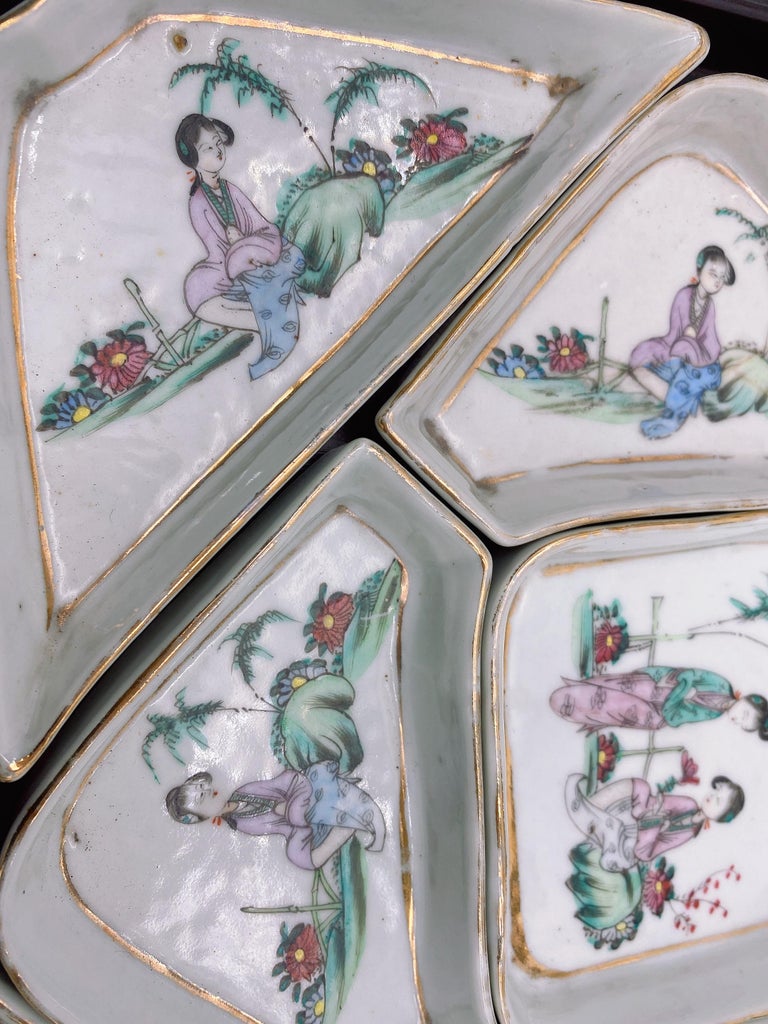 Antique Chinese Famille Rose Porcelain 9 Pc Dishes Set with Rosewood ...