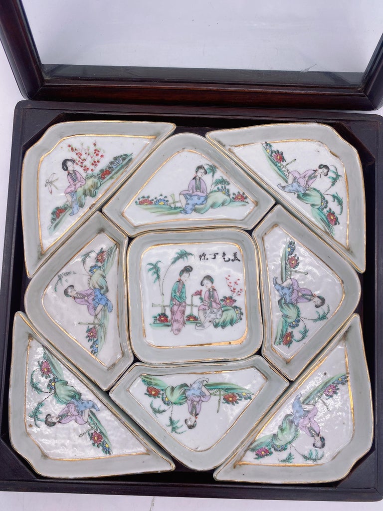 Antique Chinese Famille Rose Porcelain 9 Pc Dishes Set with Rosewood ...