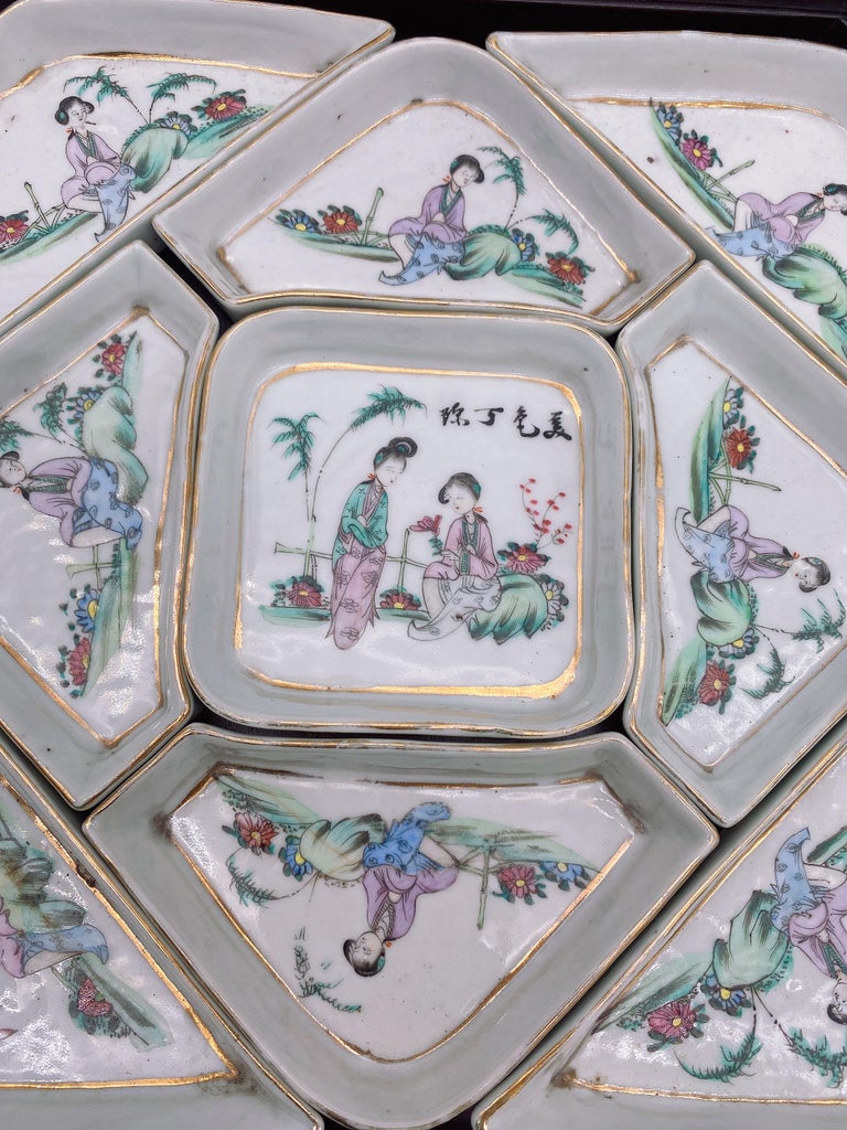 Antique Chinese Famille Rose Porcelain 9 Pc Dishes Set with Rosewood ...