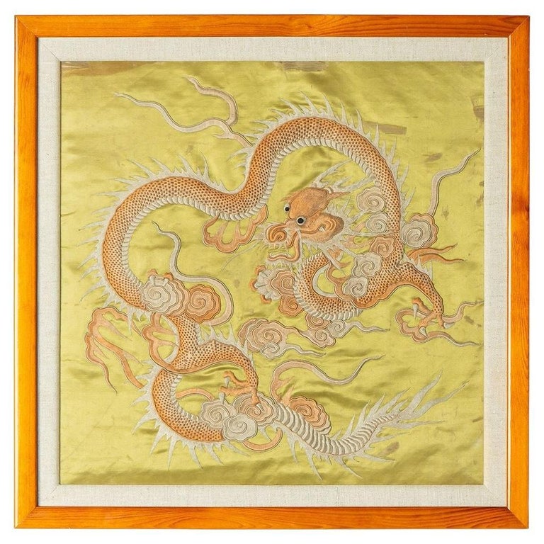 Antique Chinese Gold Silk Dragon Embroidery Panel, 19th Century For ...